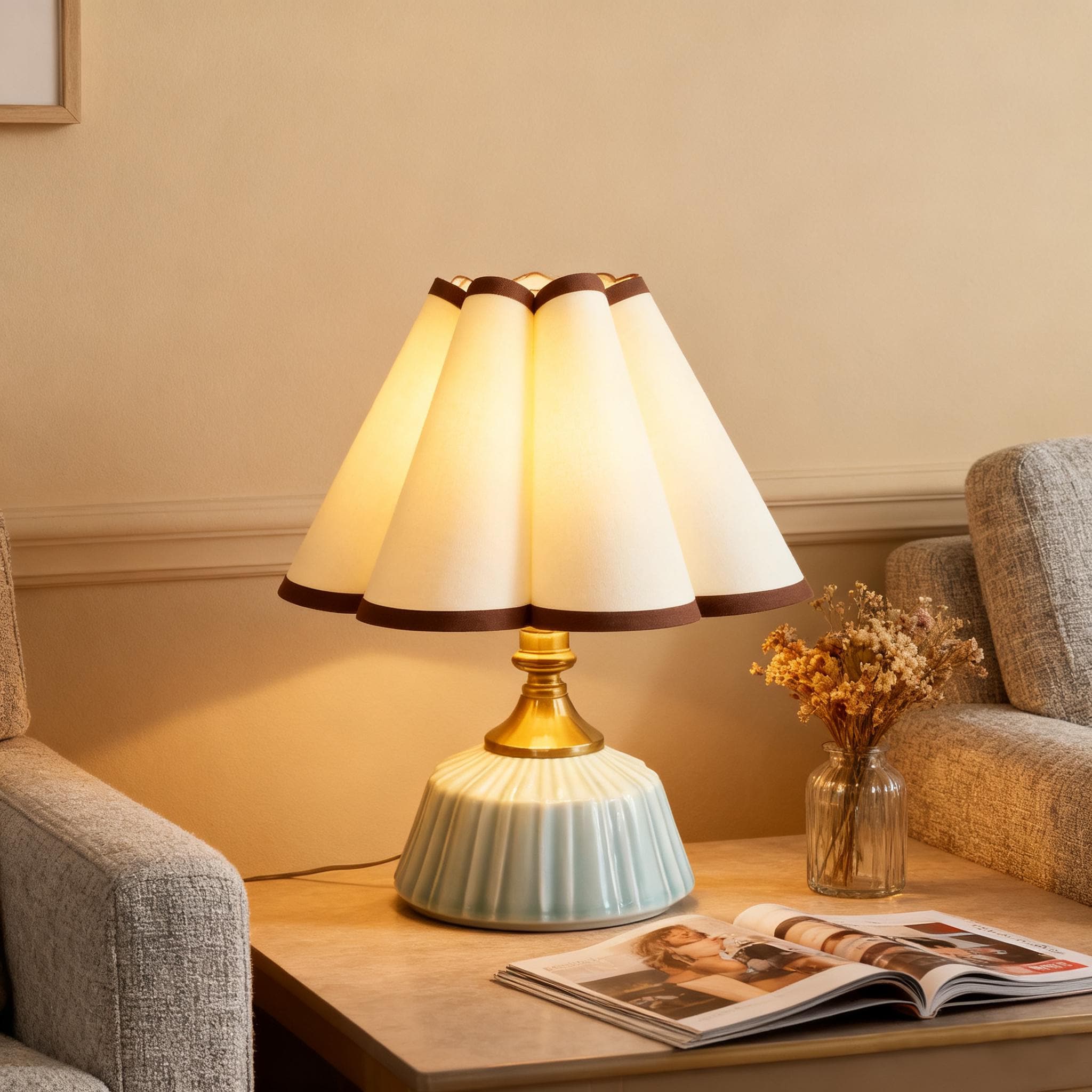 Handmade Ceramic Table Lamp: Beige Fabric Shade, Modern Bedside ...