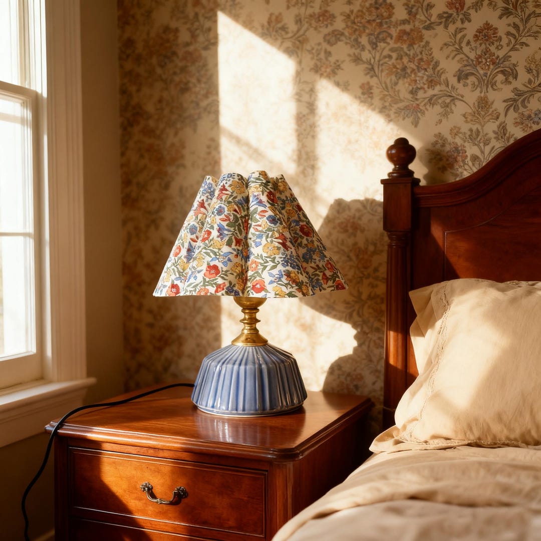 Handmade Floral Lampshade Table Lamp: Blue Ceramic Base, Cottagecore ...