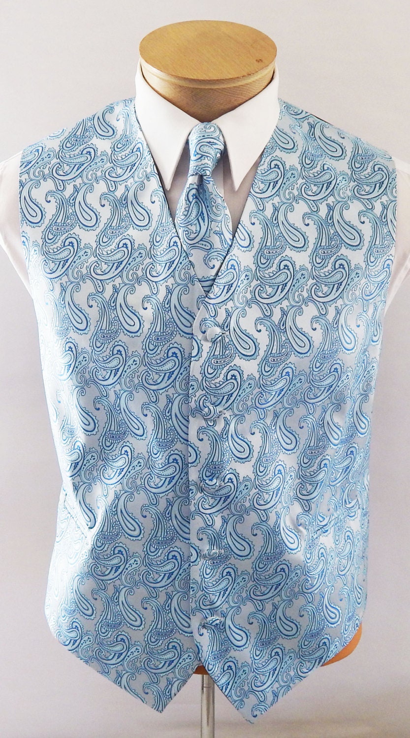 Mens Vest Bright Light to Medium Blue Tone on Tone Satin Paisley Vest ...