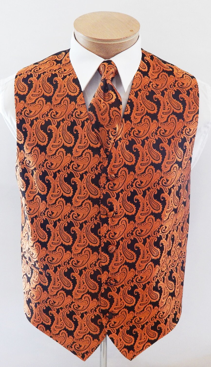 Mens Vest Copper on Black Tone on Tone Satin Paisley Vest Tie and ...