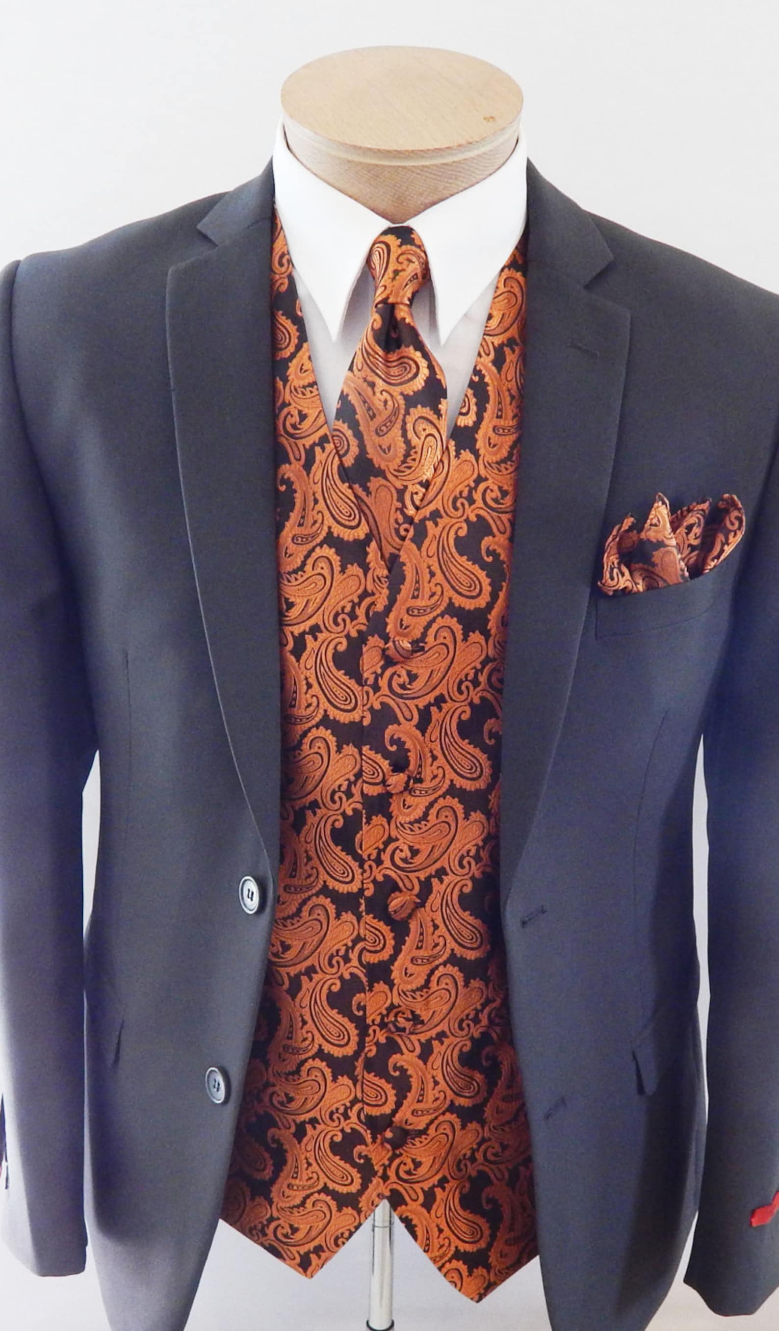 Mens Vest Copper on Black Tone on Tone Satin Paisley Vest Tie and ...