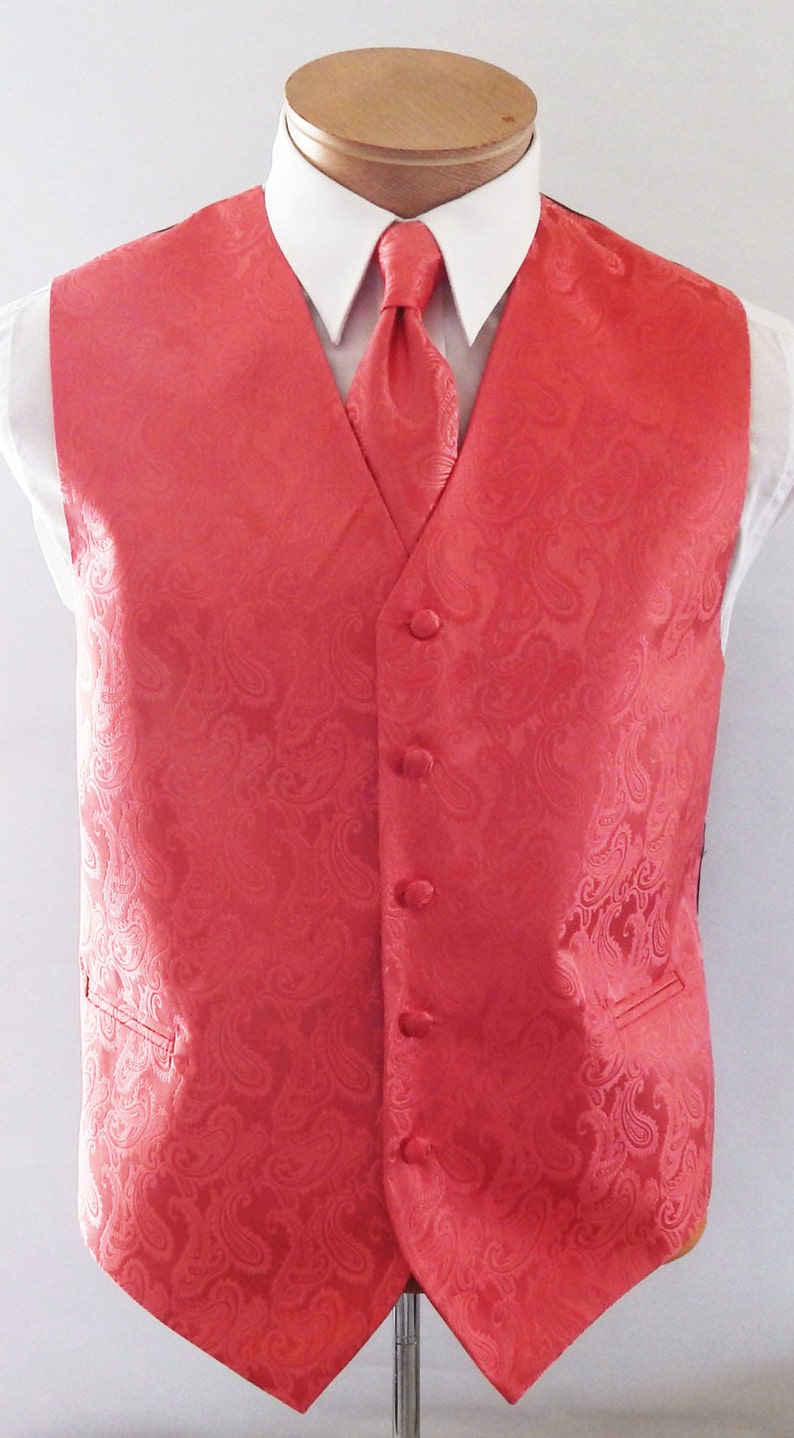 Mens Vest Coral Tone on Tone Satin Paisley Vest Tie and Pocket Square ...