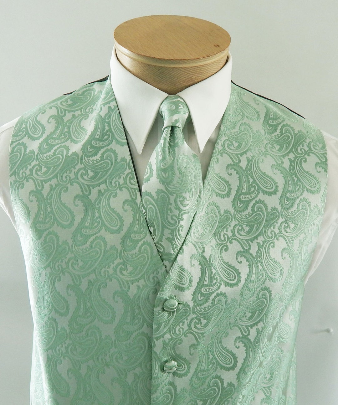 Mens Vest Dusty Shale Green Tone on Tone Satin Paisley Vest Tie and ...