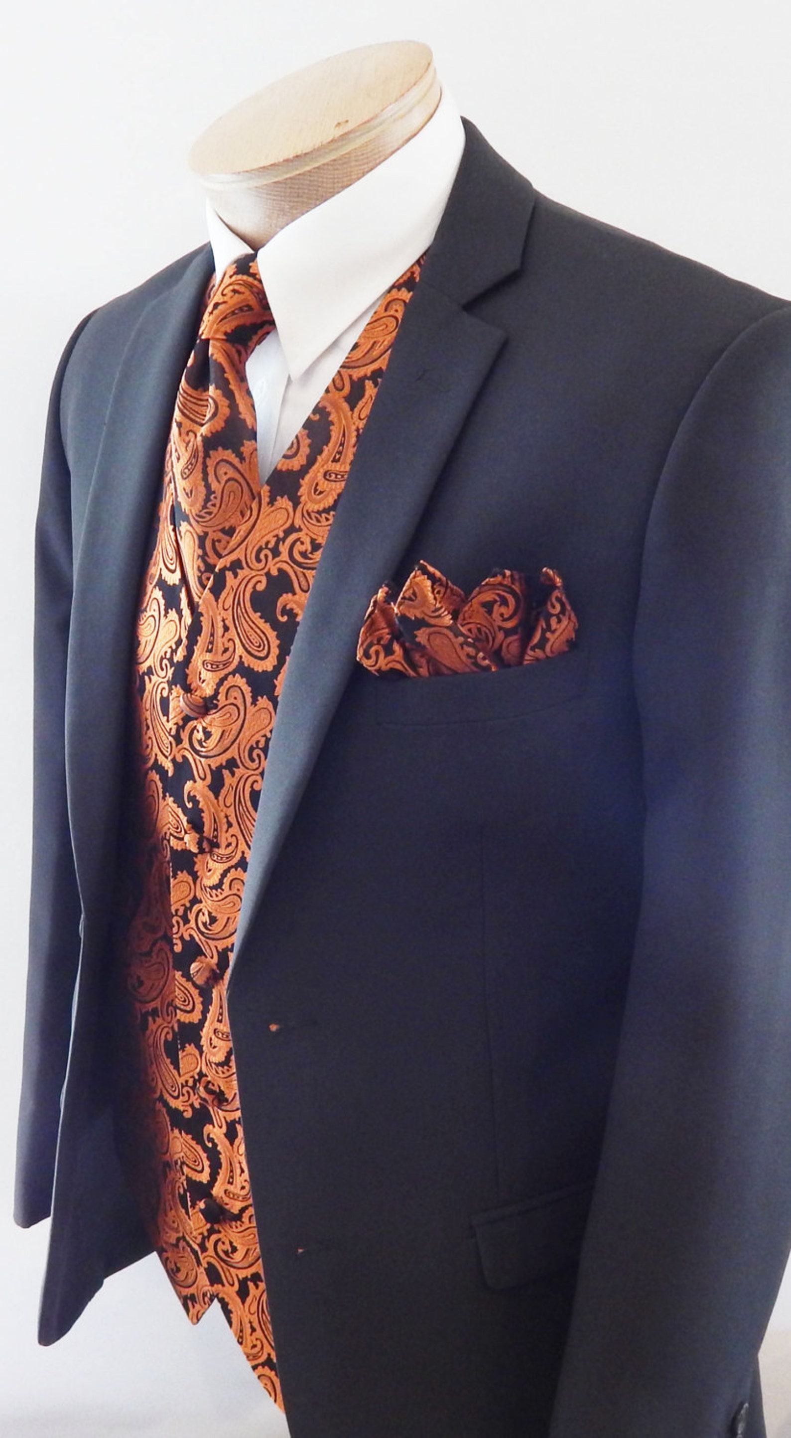 Mens Vest Copper On Black Tone On Tone Satin Paisley Vest Tie | Etsy
