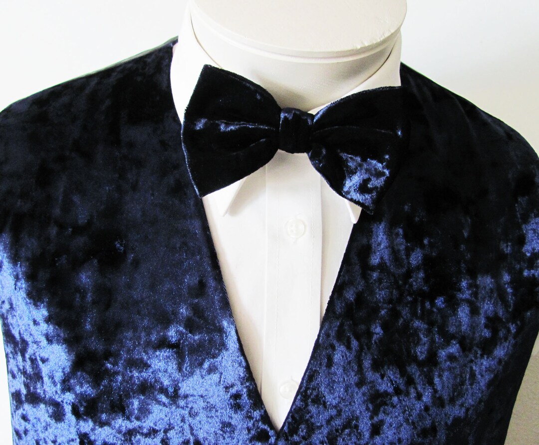 Navy Blue Blue Crushed Velvet Mens Vest 3 Piece Vest, Bow Tie and ...