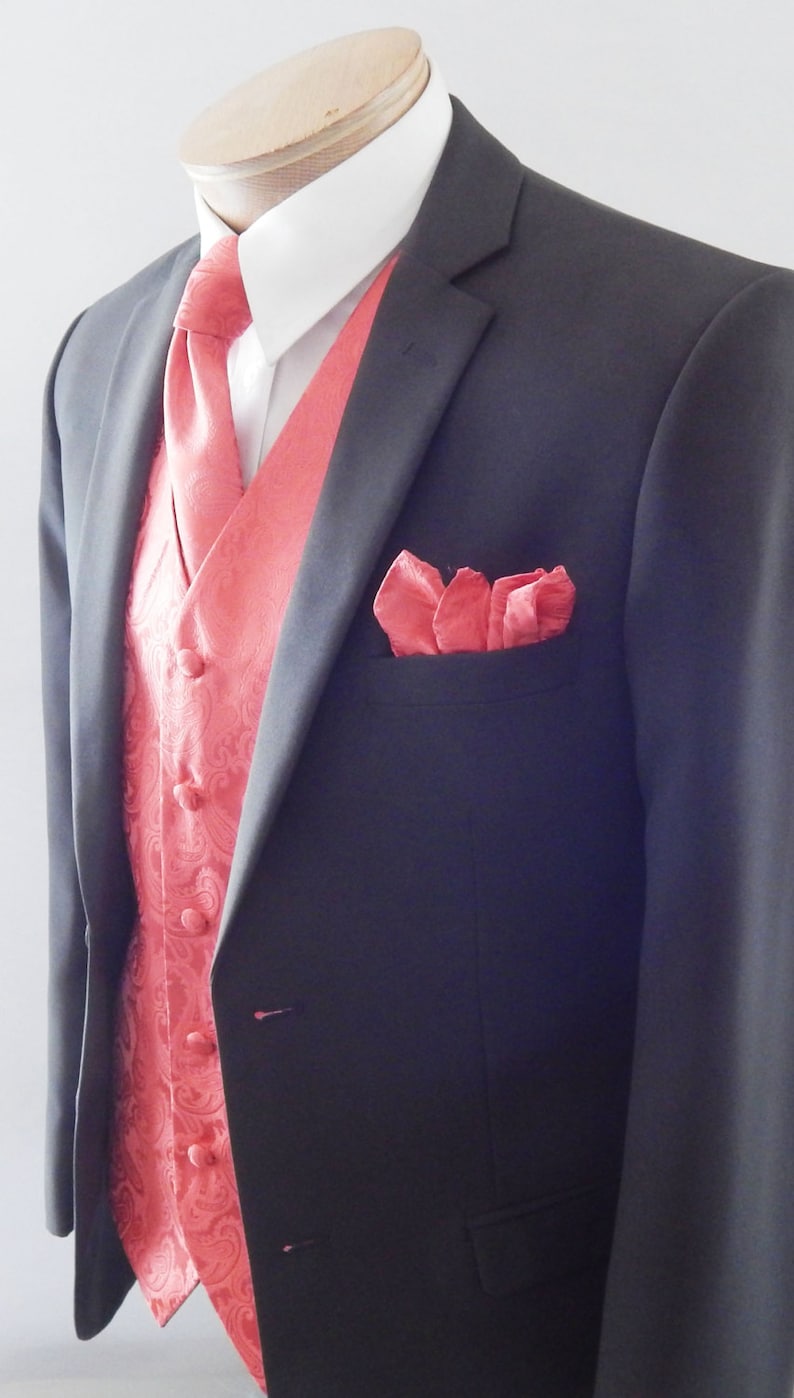 Mens Vest Coral Tone on Tone Satin Paisley Vest Tie and Pocket Square ...