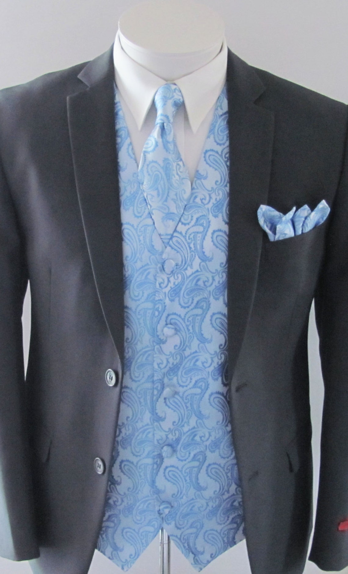 Mens Vest Light Blue Sky Blue Pale Blue Tone on Tone Satin Paisley Mans ...