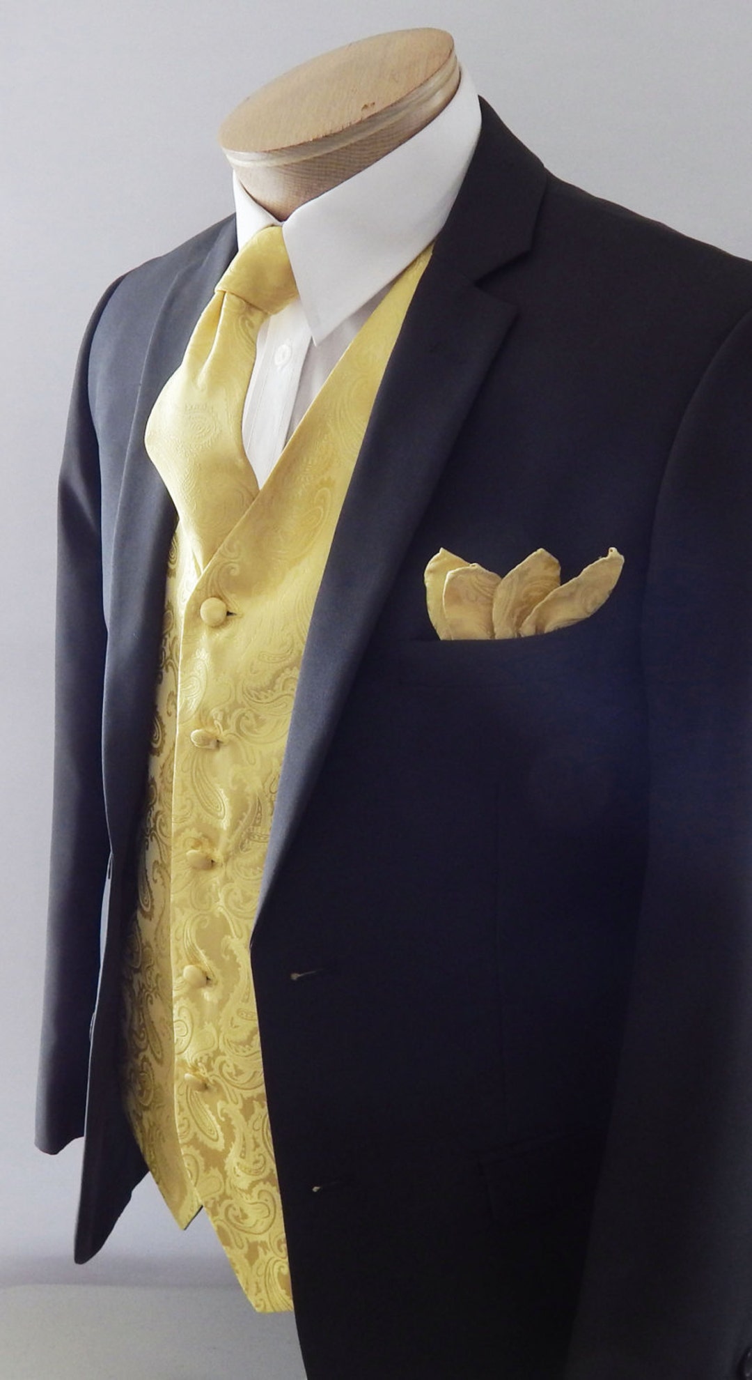 Mens Vest Golden Yellow Tone on Tone Satin Paisley Vest Tie and Pocket ...