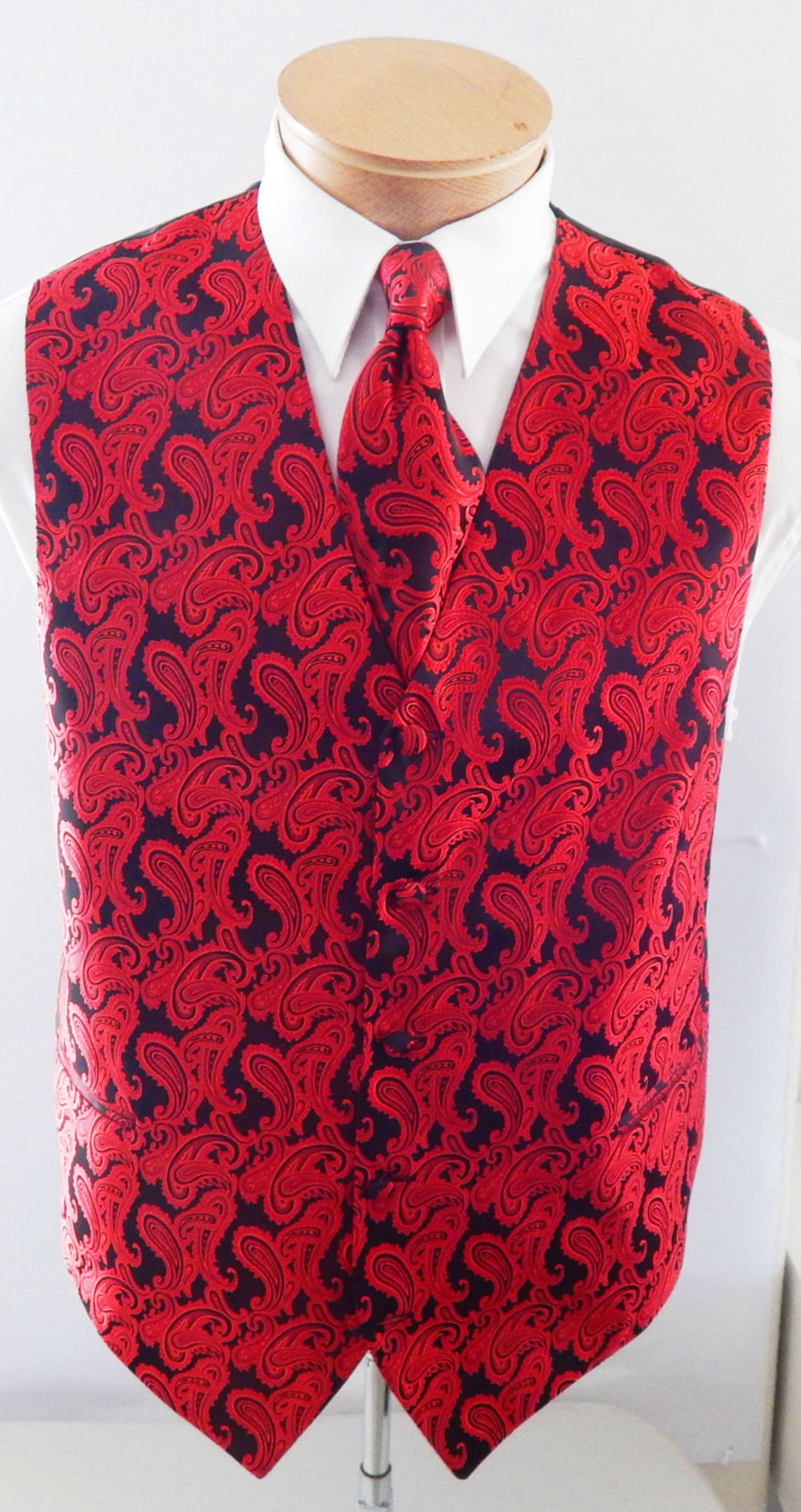 Mens Vest Red on Black Tone on Tone Satin Paisley Vest Tie and | Etsy