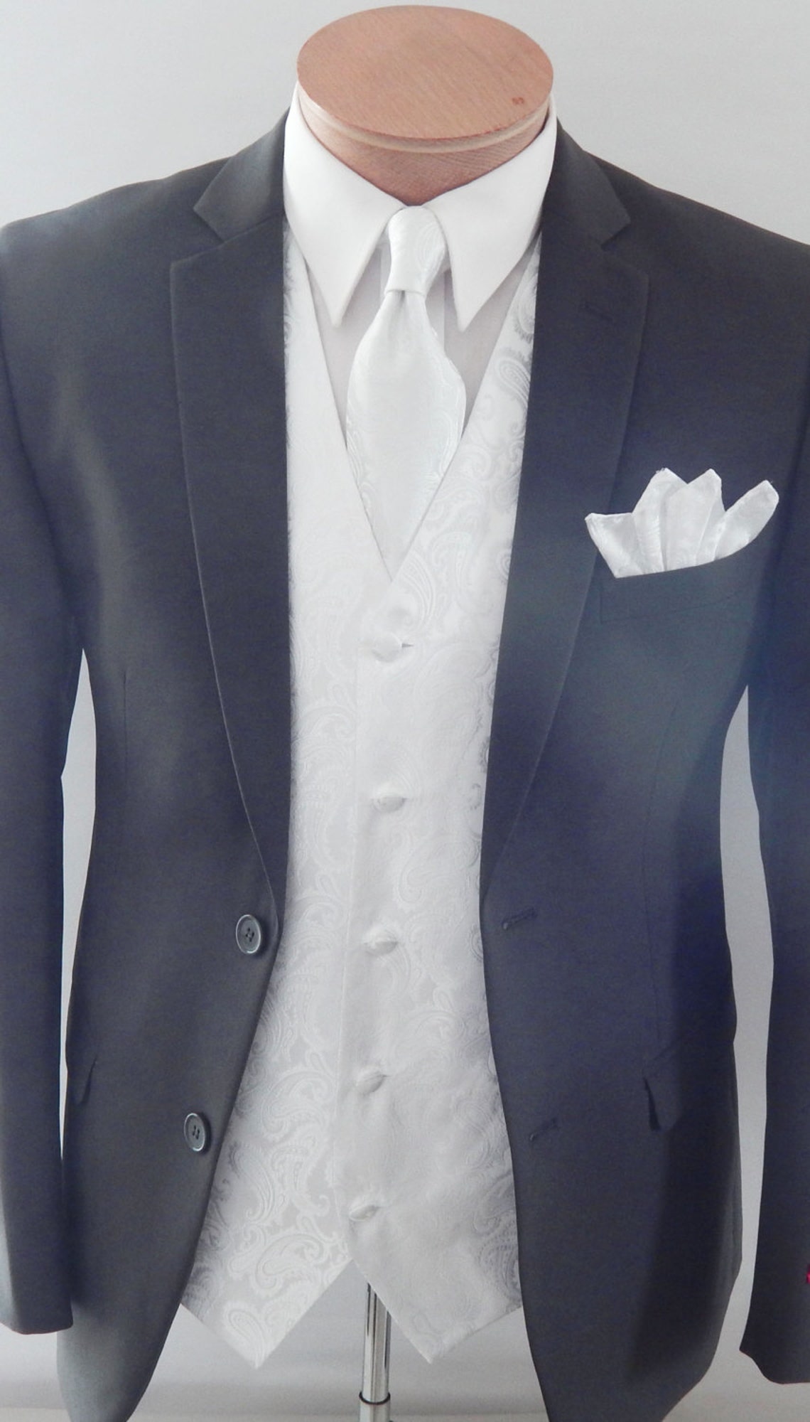 Mens Vest White Tone on Tone Satin Paisley Vest Tie and Pocket Square ...