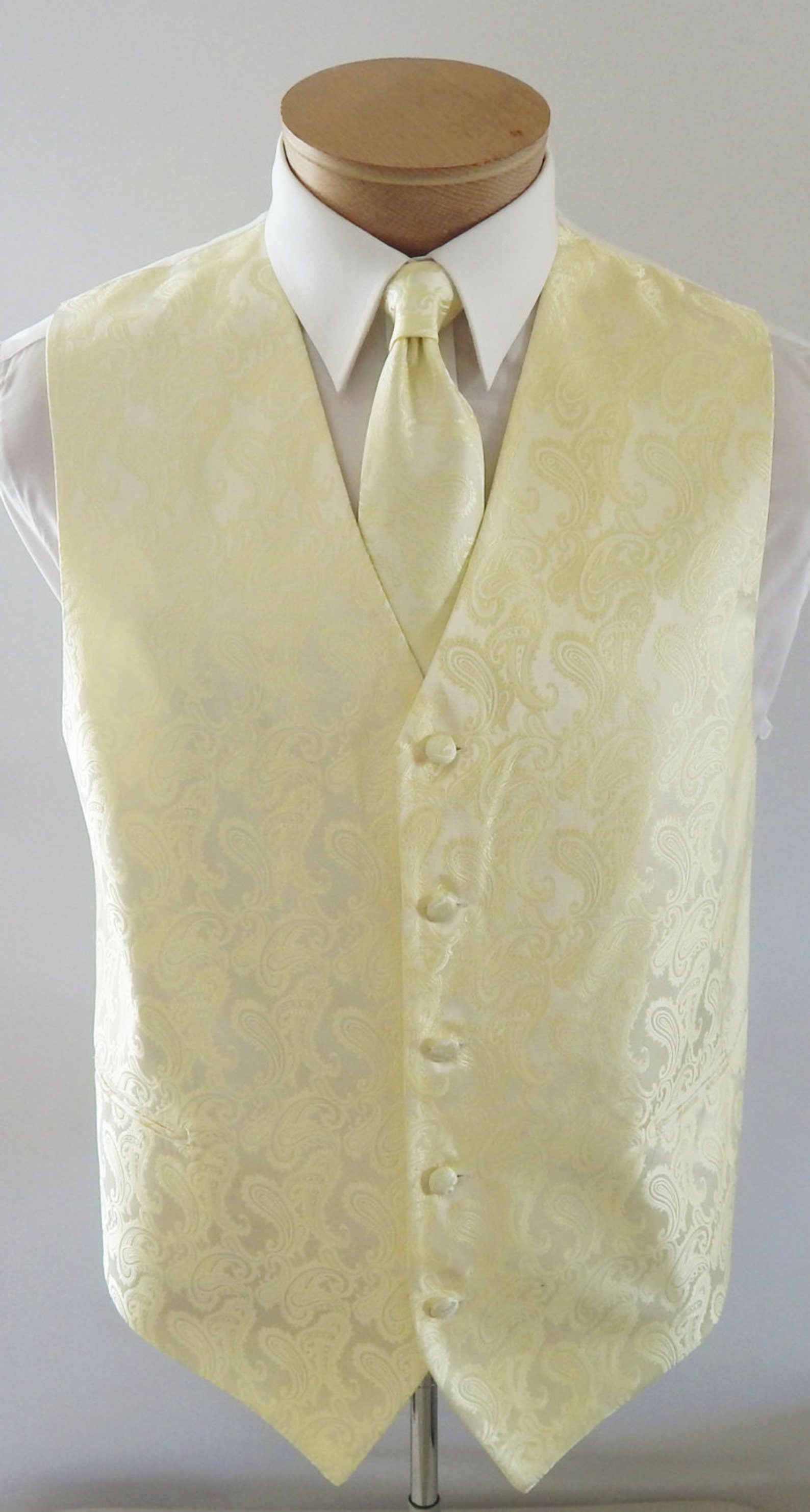 Mens Vest Pale Yellow Tone on Tone Satin Paisley Vest Tie and Pocket ...