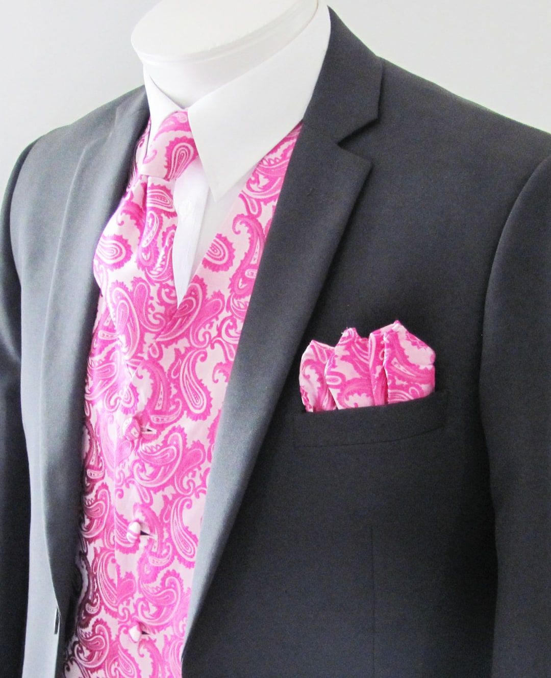 Mens Vest Hot Pink Rasberry Tone on Tone Satin Paisley Vest Tie and ...