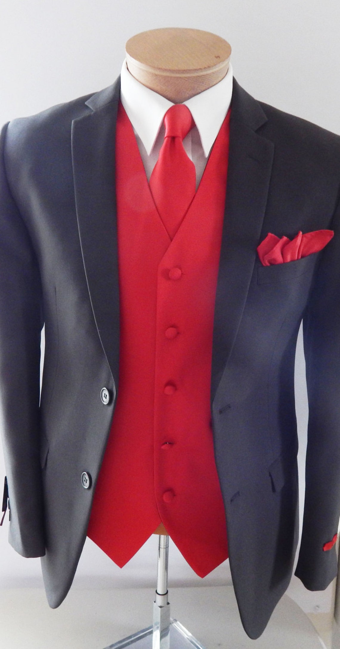 Mens Vest Red Smooth Satin and Covered Buttons Vest Comes With Matching ...