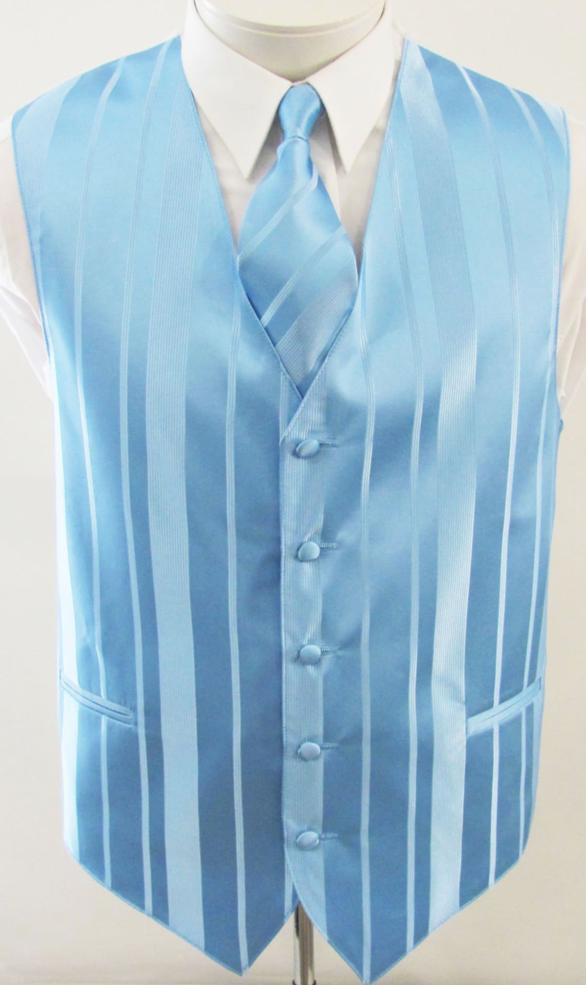 Mens Vest Light and Bright Light Blue Tone on Tone Stripes Full Back 2 ...