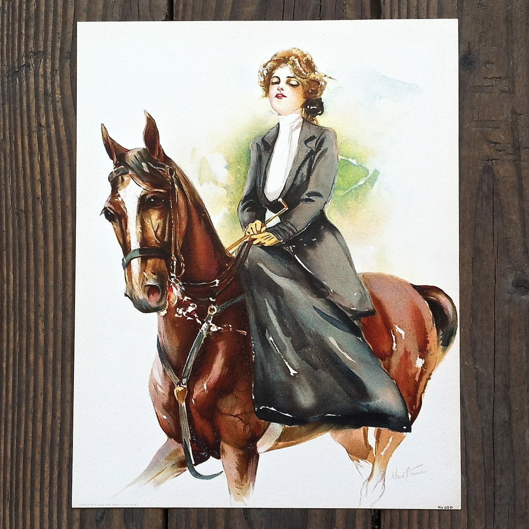 Vintage Original RIDING HORSEBACK Sport Girl Victorian Lithograph Print ...