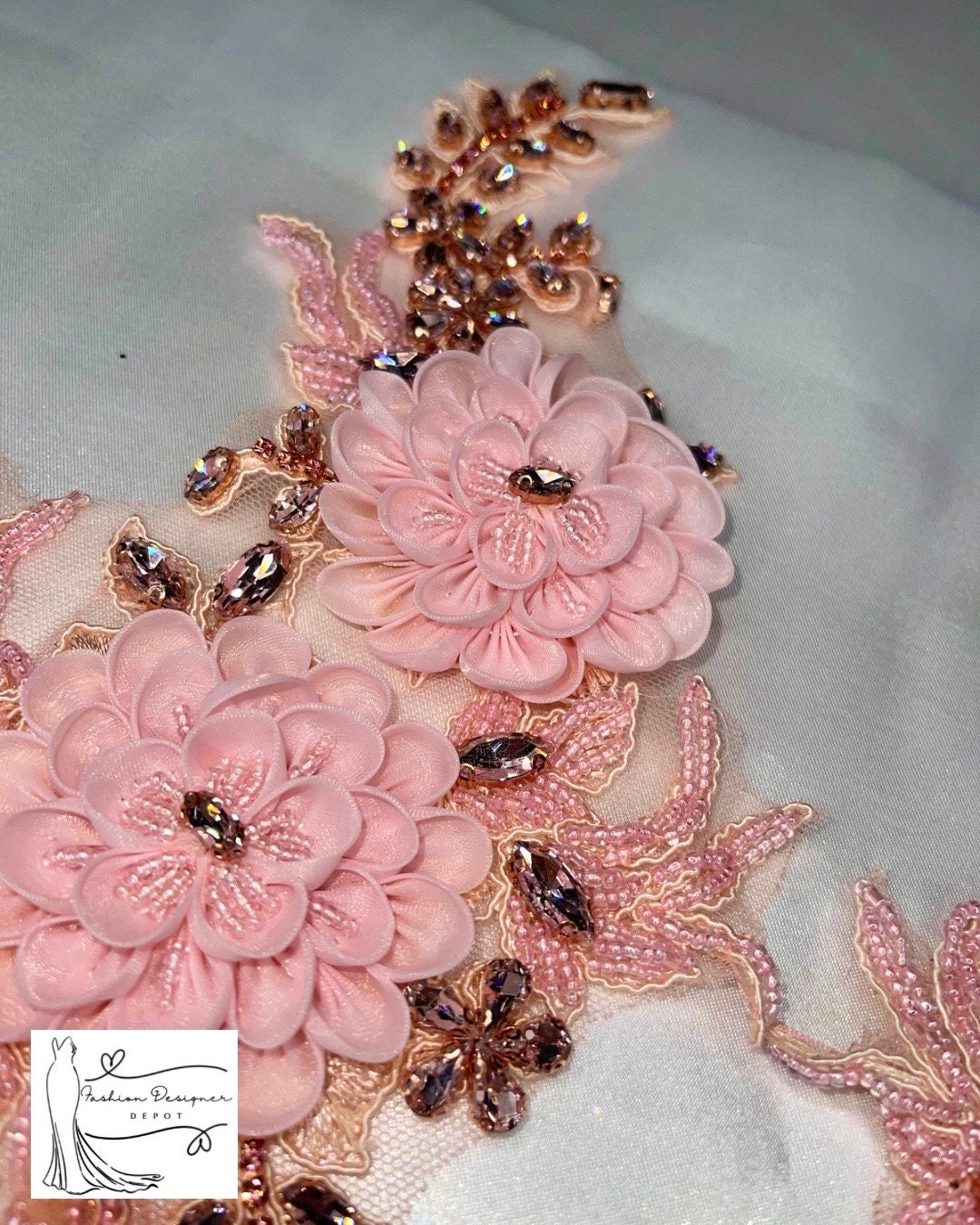Pink 3d Floral Rhinestone Applique Pair | Crystal Bead Applique ...