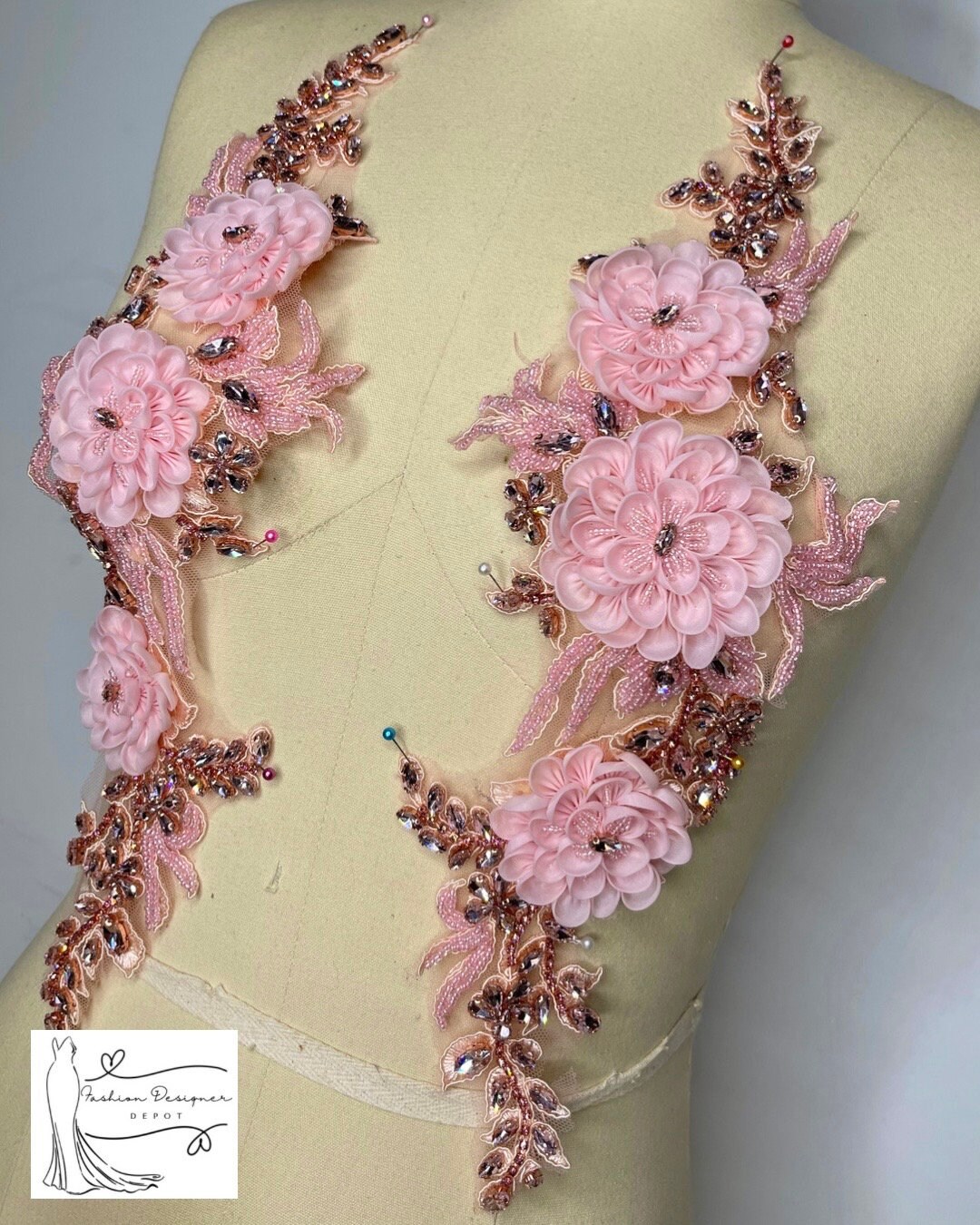 Pink 3d Floral Rhinestone Applique Pair | Crystal Bead Applique ...