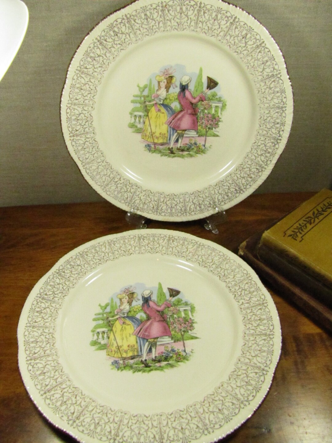 Vintage Plates - Colonial Couple in Garden - Wide Rim - Gold Filigree ...