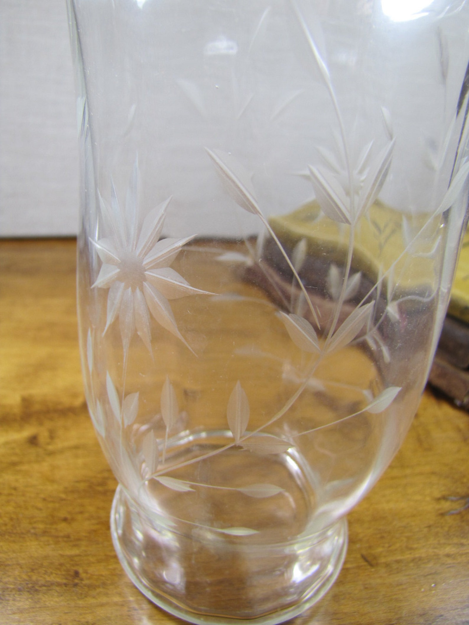 Etched Glass Flower and Leaf Glass Vase Fluted Rim - Etsy