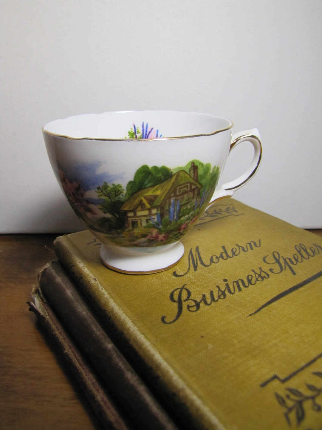 Royal Vale Bone China Footed Teacup - Village Scene - Gold Accent ...