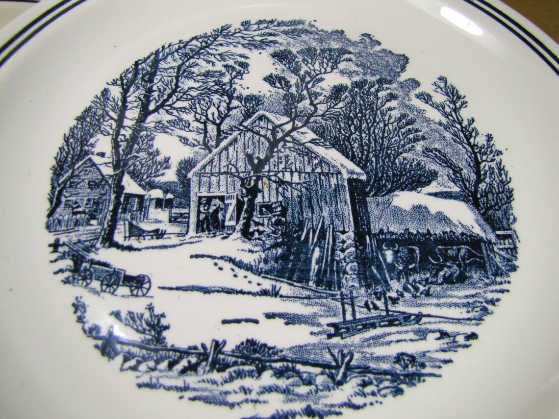 Set of Three 3 Blue and White Dinner Plates Winter | Etsy