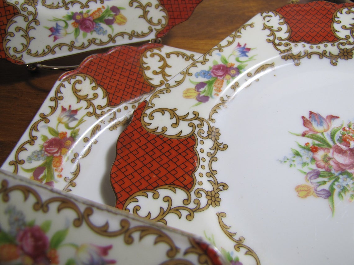 Set of Four 4 Square Dessert Plates Dark Orange Corners - Etsy
