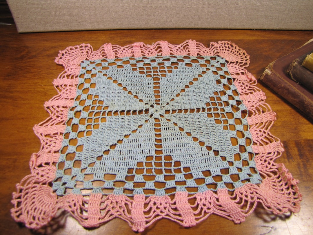 Pink and Blue Crocheted Doily - Square - Scalloped Edge - Etsy