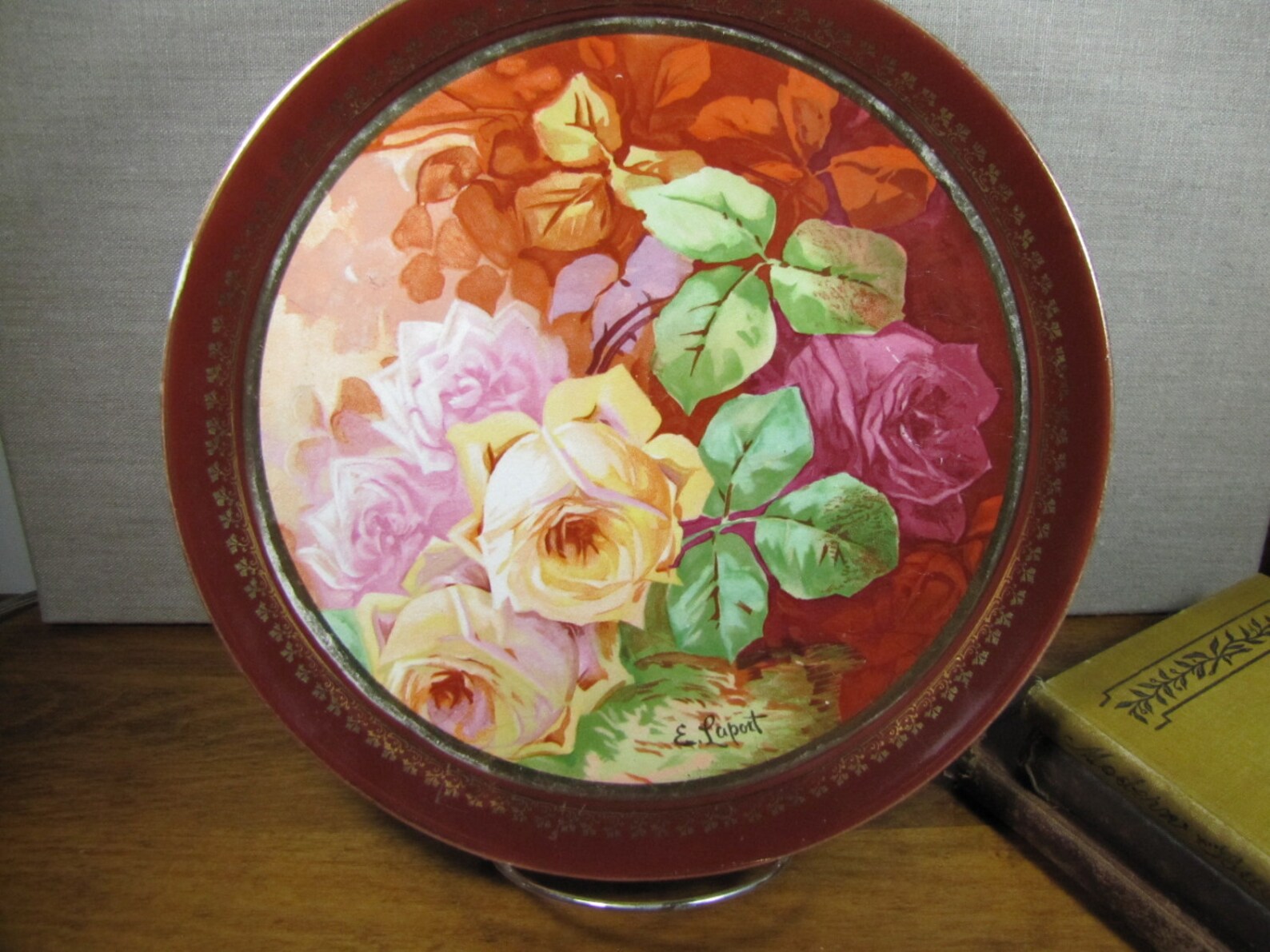 Vintage Dresden China Plate Red Rim Gold Accent Roses - Etsy