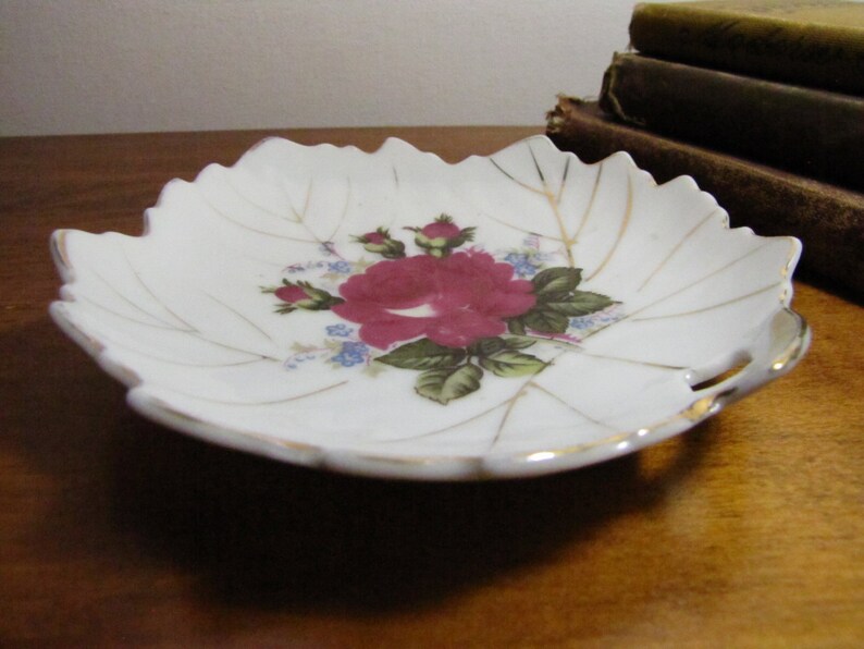 Vintage Leaf Shaped Trinket Dish Rose Pattern Made in - Etsy
