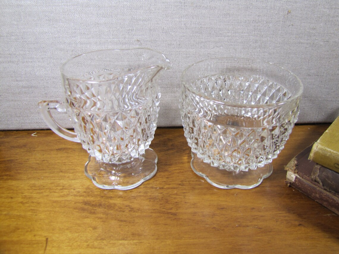 Pressed Glass Sugar Dish and Creamer Set - Raised Diamond Shaped ...