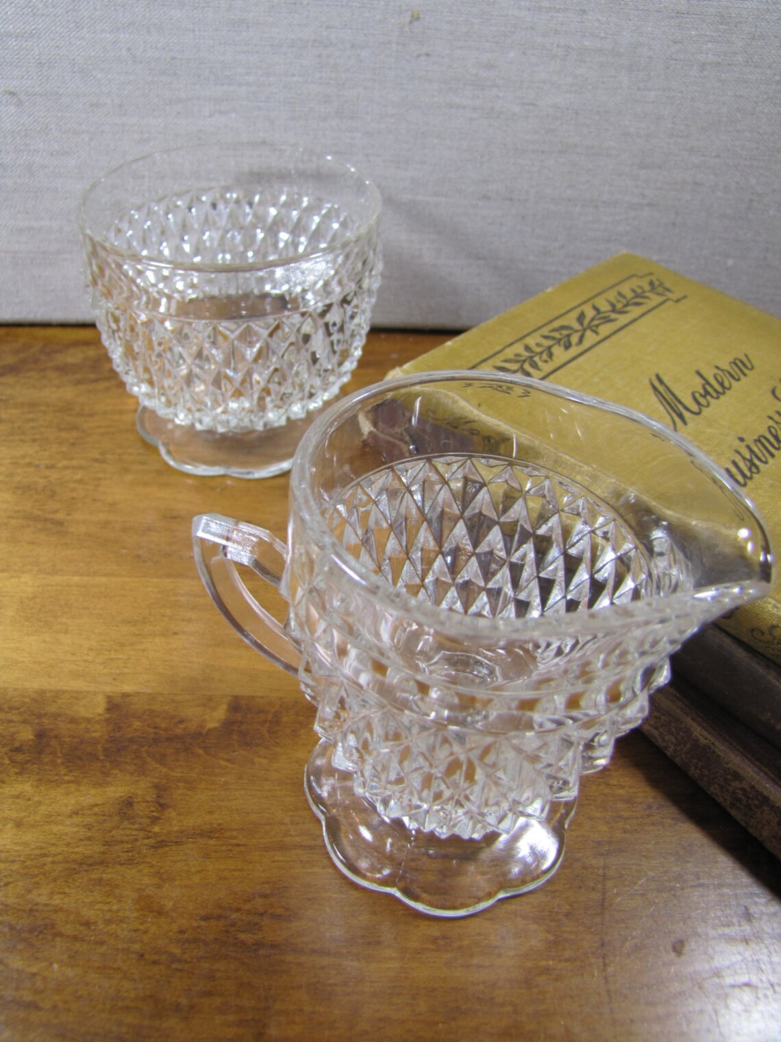 Pressed Glass Sugar Dish and Creamer Set - Raised Diamond Shaped ...