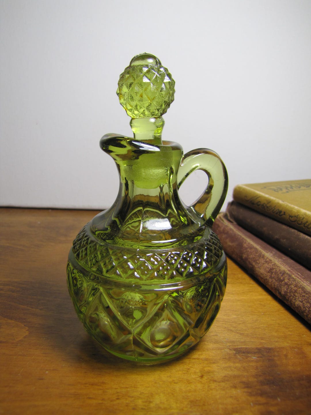 Small Green Pressed Glass Cruet With Stopper - Etsy