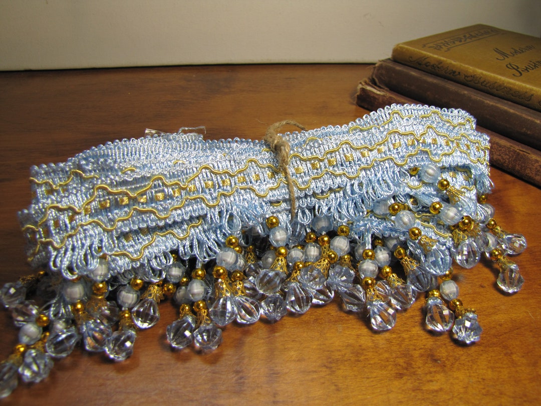 Decorative Trim - Light Blue - Clear Blue and Gold Beads - 5 Yard ...