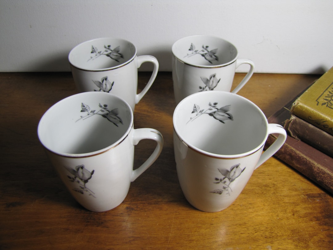 Set of Four (4) Cmielow Porcelain Teacups - Rosalie Pattern - Black and ...