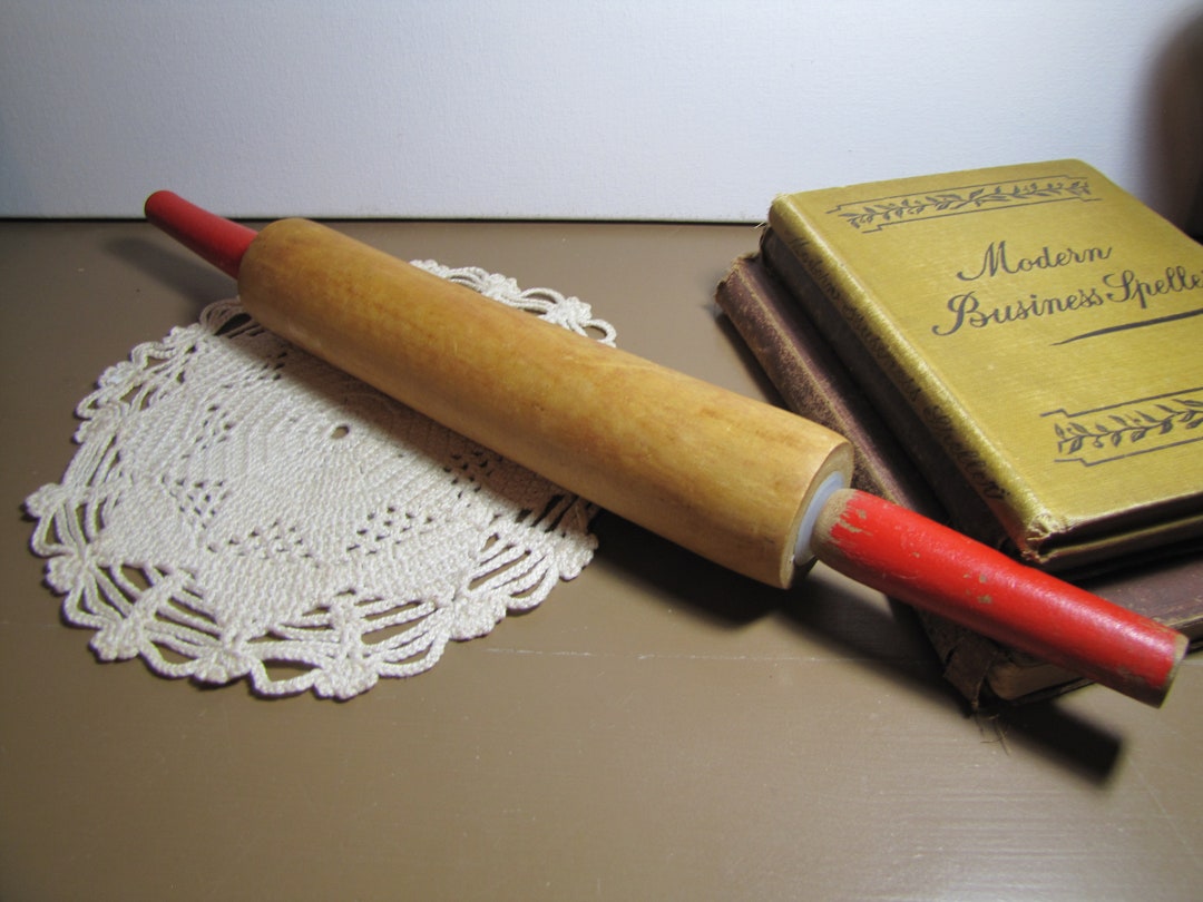 Vintage Wooden Rolling Pin - Slender Barrel - Long Tapered Red Painted ...