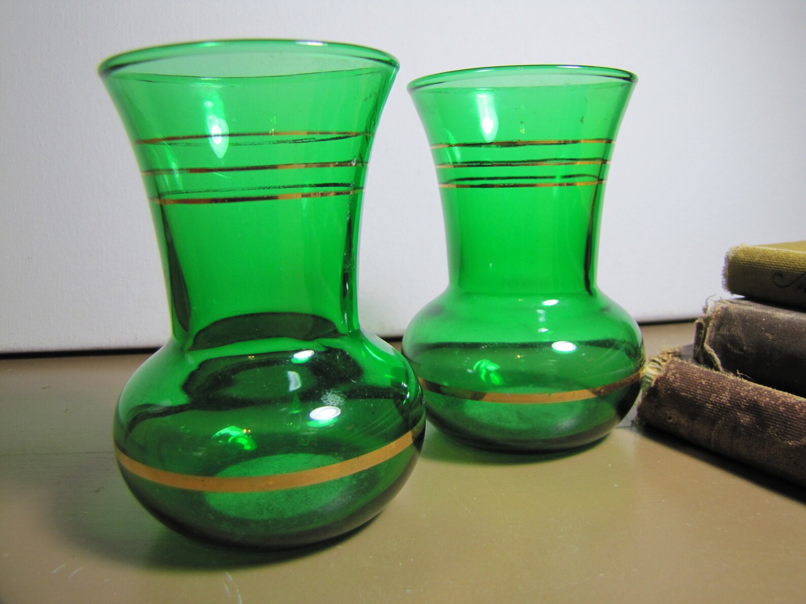 Pair of Small Green Glass Vases Gold Accent Bands - Etsy