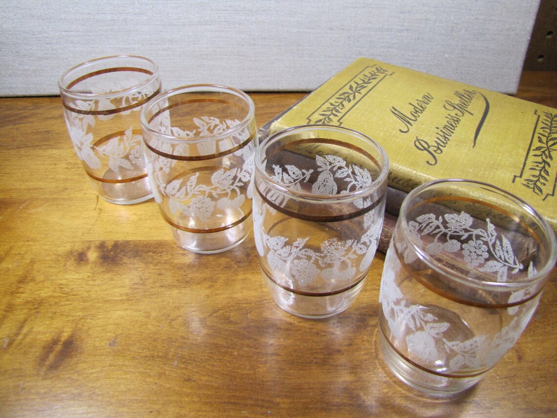 Set of Four 4 Small Juice Glasses White Embossed Fruit and - Etsy