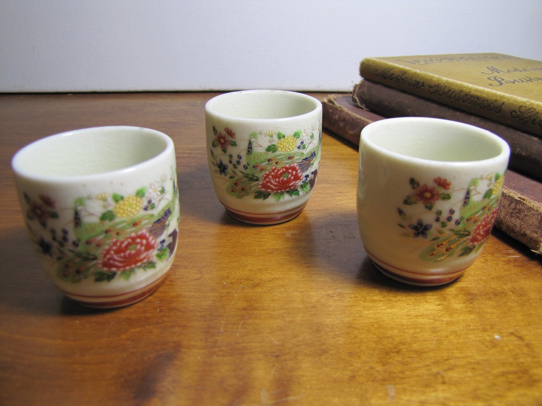 Three (3) Porcelain Sake Cups - Peacock and Flowers - Red Accent Bands ...