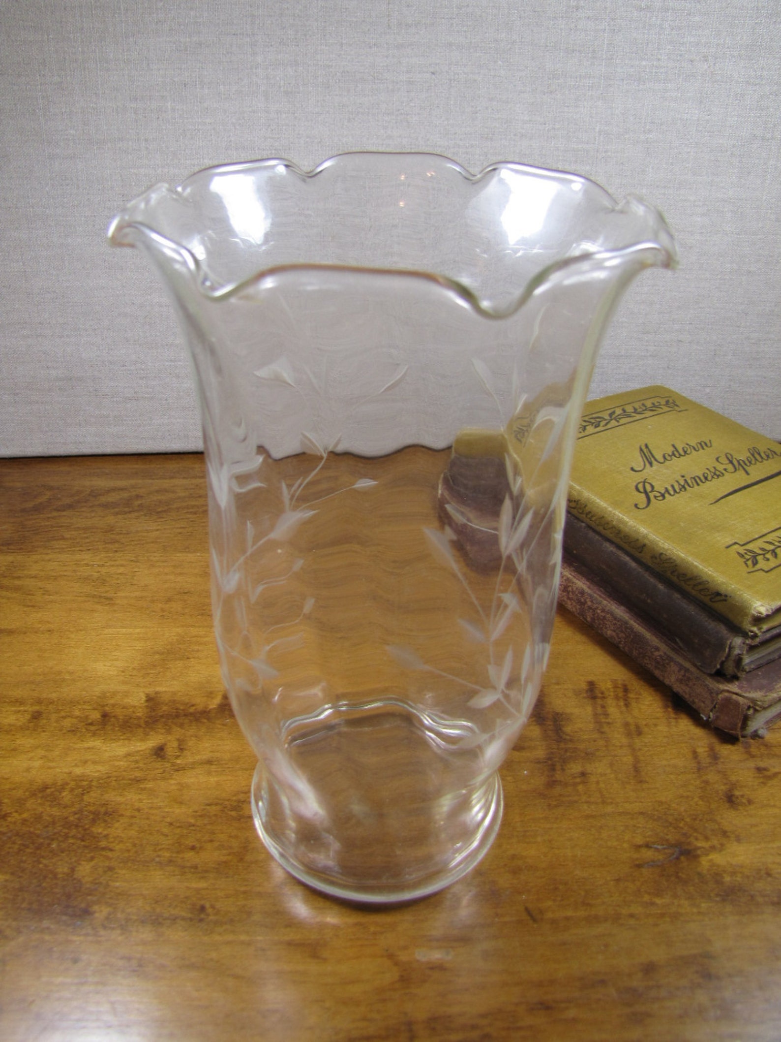 Etched Glass Flower and Leaf Glass Vase Fluted Rim - Etsy