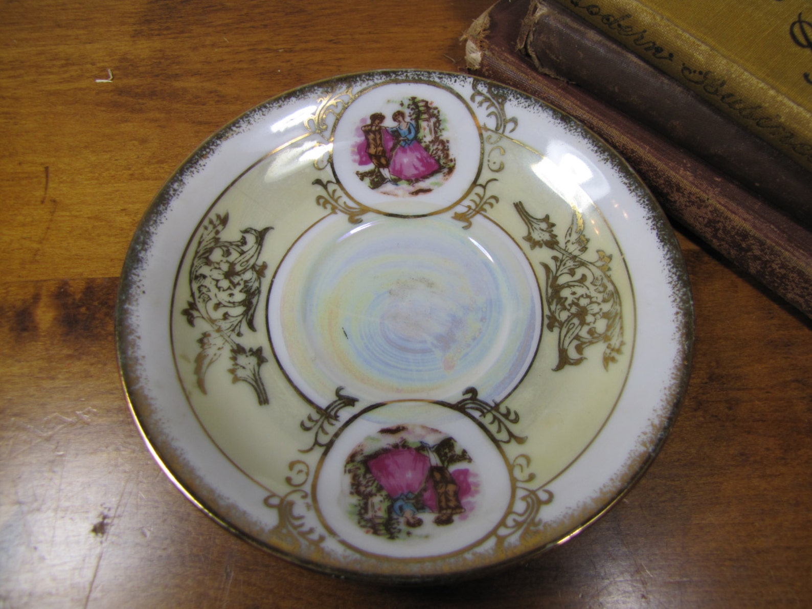Sterling China Saucer - Colonial Couple Motifs - Pale Yellow Band ...