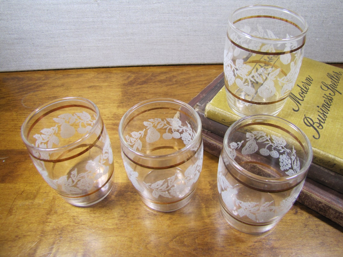 Set of Four 4 Small Juice Glasses White Embossed Fruit and - Etsy