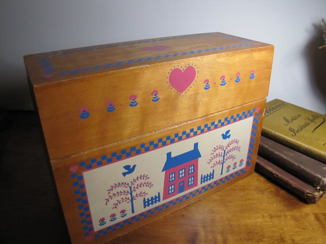 Wooden Storage Box - Double Recipe Box - Hinged Lid - Pink and Blue ...