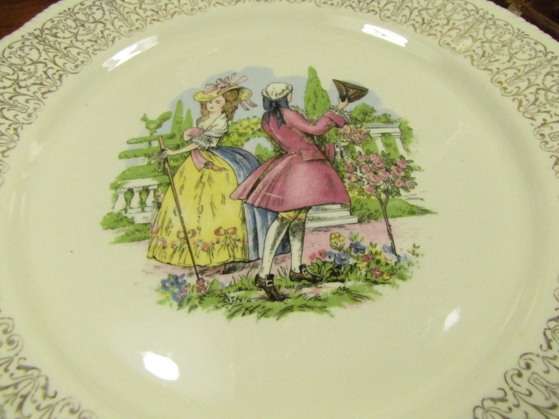 Vintage Plates Colonial Couple in Garden Wide Rim Gold - Etsy