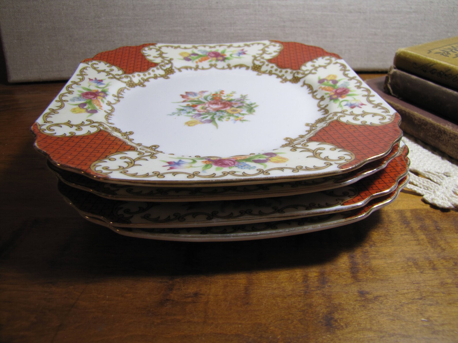 Set of Four 4 Square Dessert Plates Dark Orange Corners - Etsy
