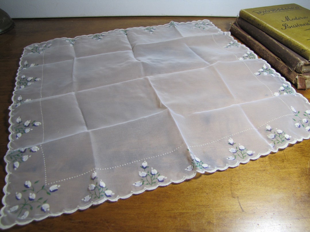 Vintage Ladies Sheer Handkerchief - Creamy White - Rosebuds - Scalloped ...