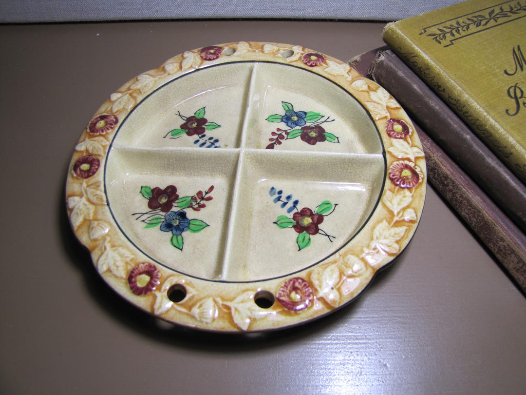 Hand Painted Divided Plate - Made in Japan - Floral Design - Embossed ...