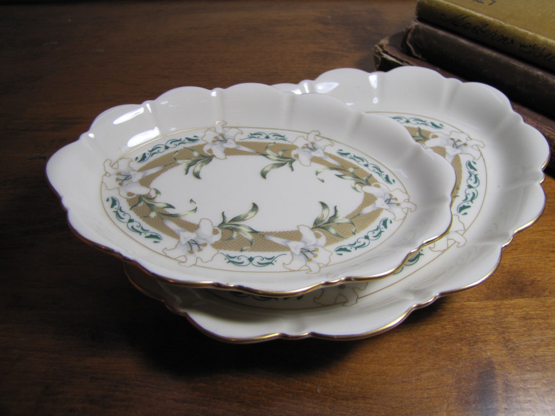 Two (2) Vintage Pickard China Oval Porcelain Dishes - White Lilies ...