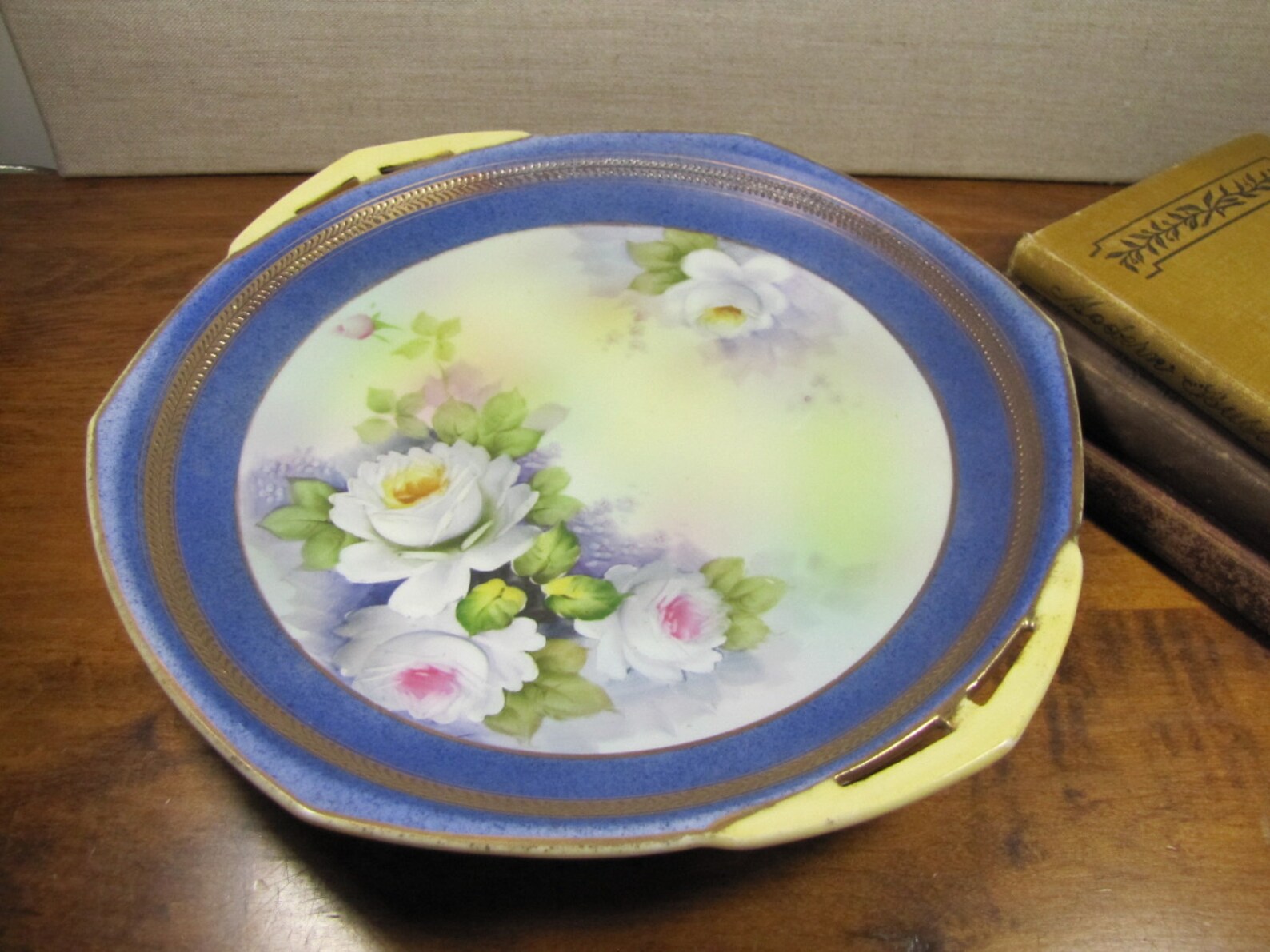 Vintage Noritake M Hand Painted Shallow Bowl Blue Rim White Flowers ...