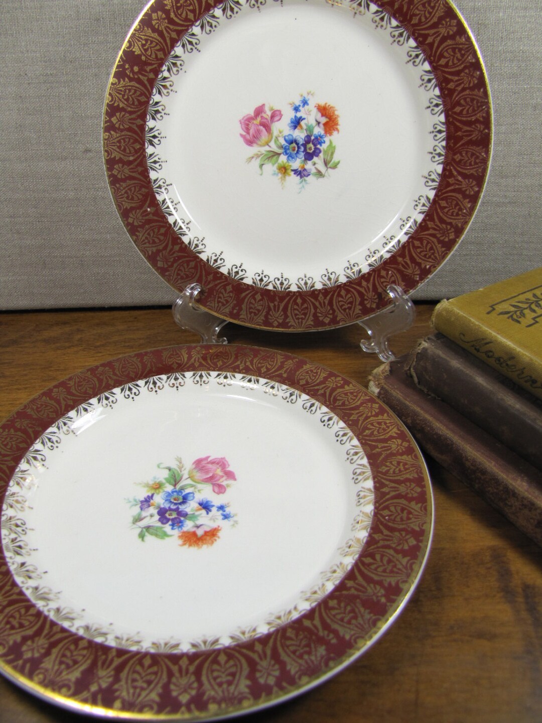 Vintage Salad Plates - Set of Two (2) - Dark Red Rim - Gold Filigree ...