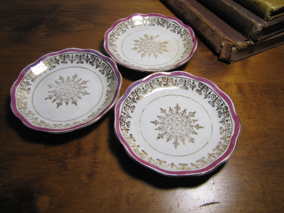 Three 3 Small Porcelain Plates Butter Pats Deep Pink Ring Gold Accent ...